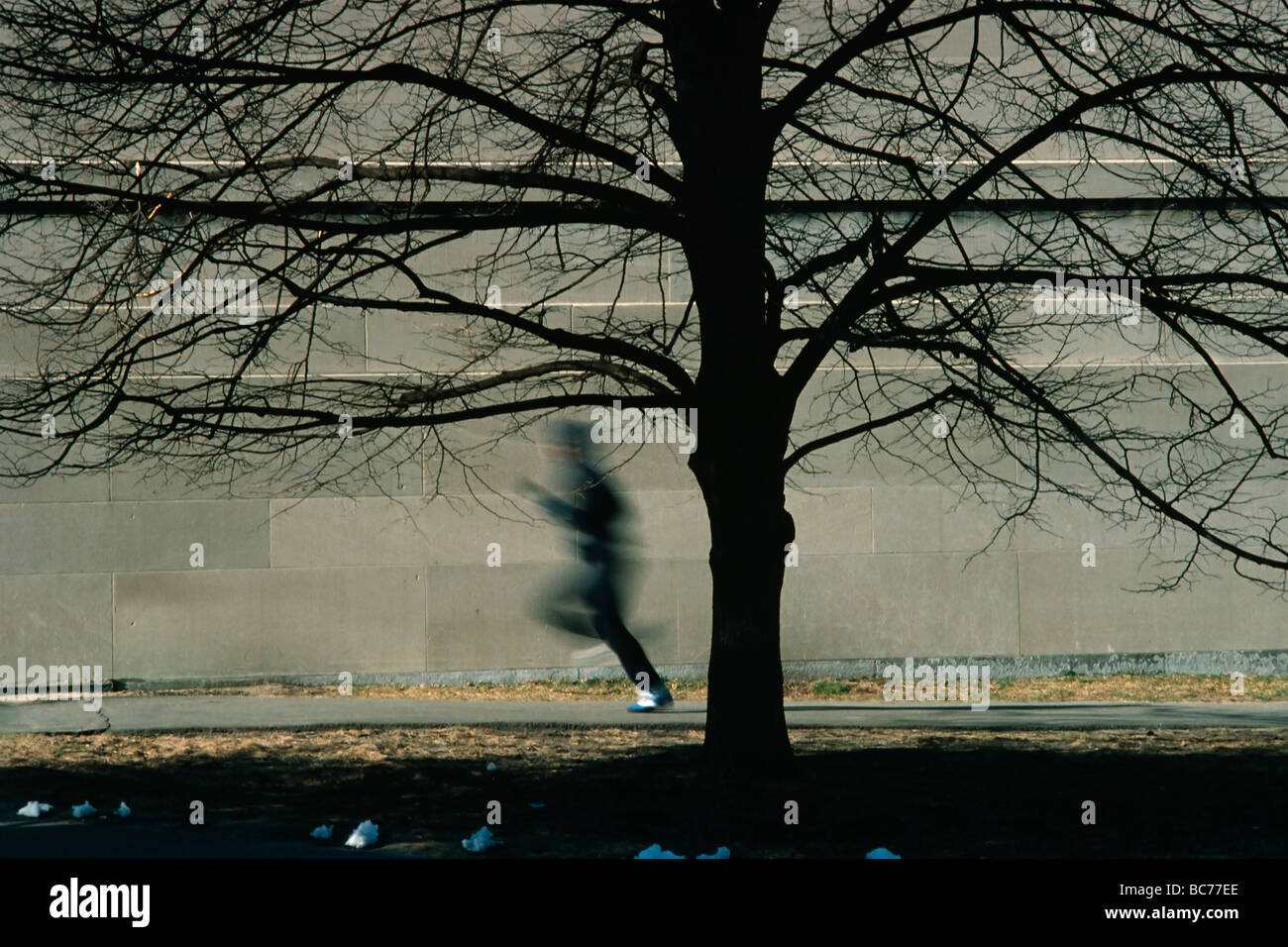 man running with tree in foreground and wall in background Stock Photo ...