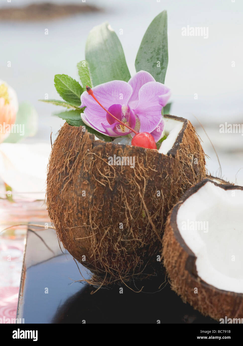Opened coconut with orchid, sea in background Stock Photo - Alamy