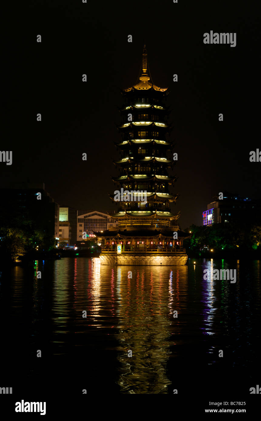 Sun Pagodas at night Cedar Lake Guilin Guangxi China Stock Photo - Alamy