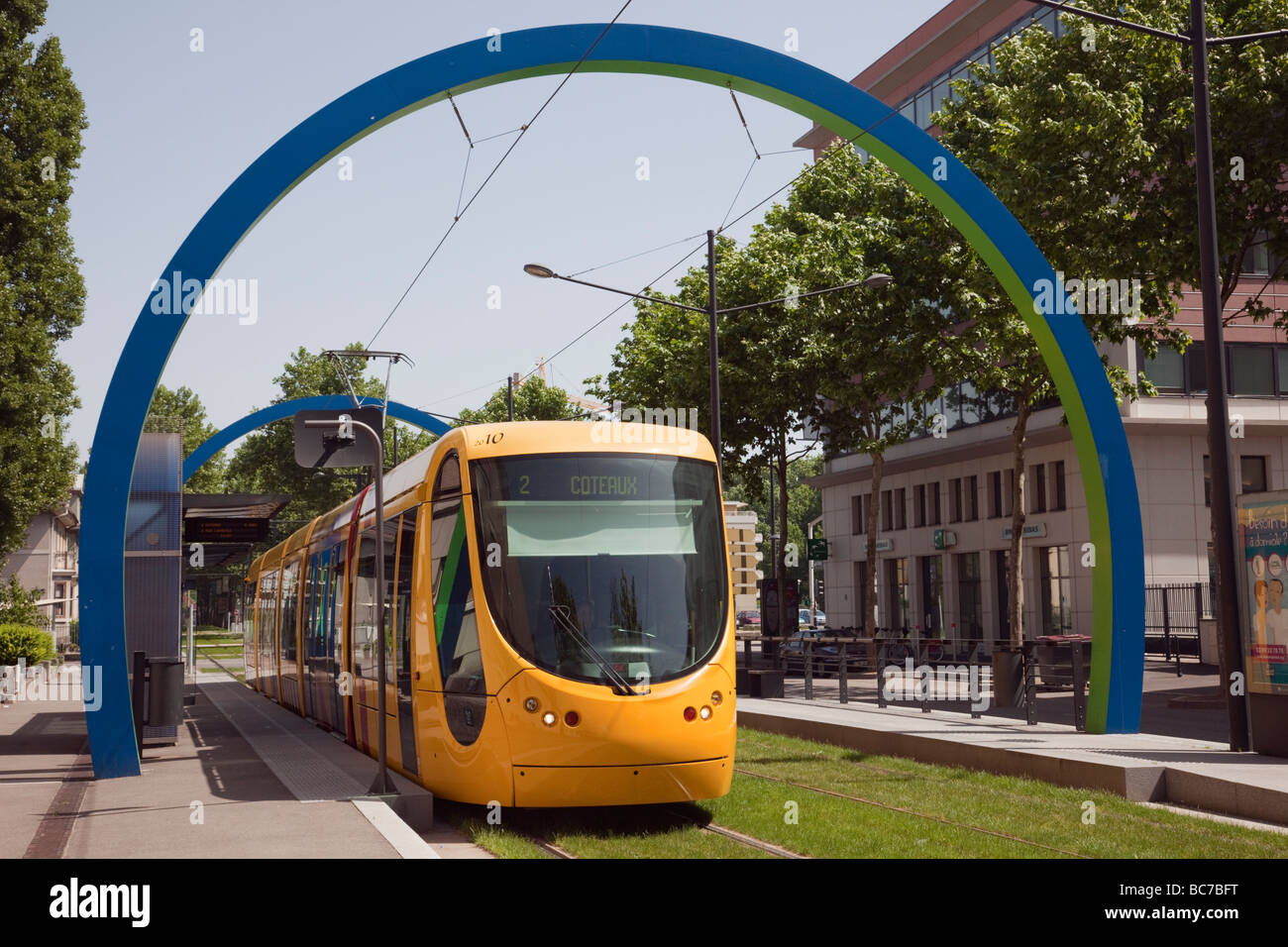 Mulhouse Alsace France Yellow city tram train in local station with ...