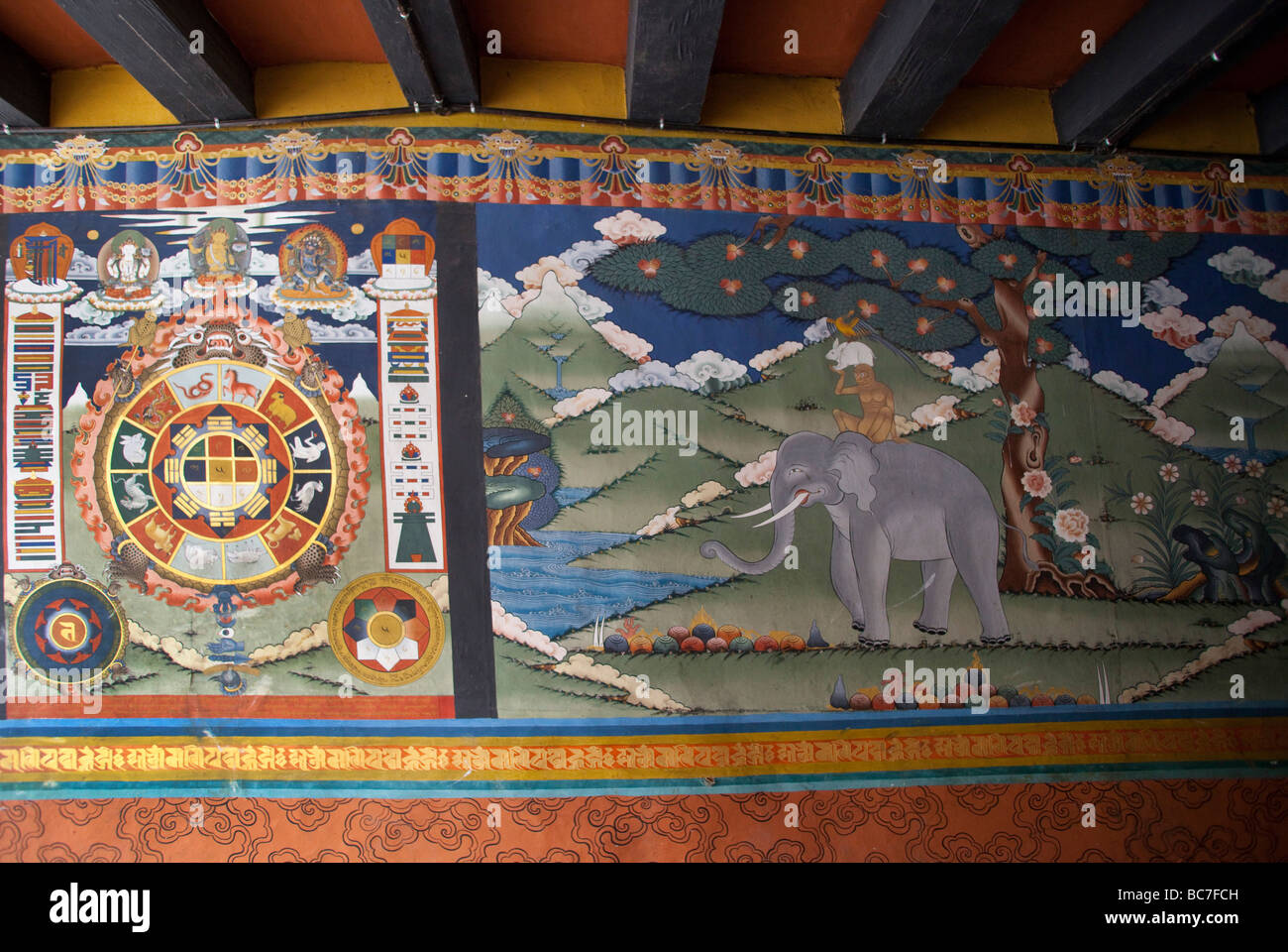 Colourful Painting on wall of decorated elephant at Punakha Dzong ...