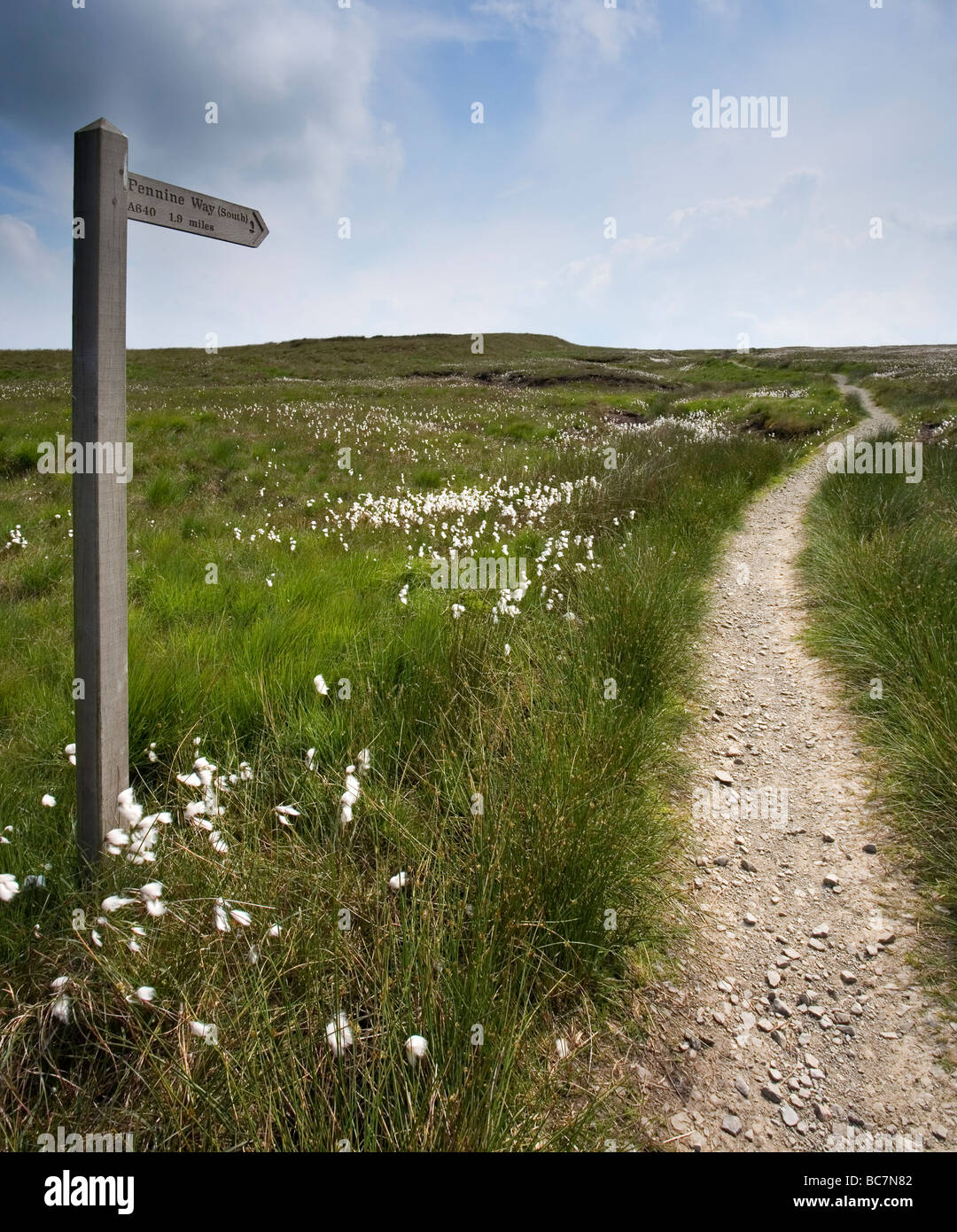 The Pennine Way footpath and signpost at Saddleworth Moor. The signpost ...