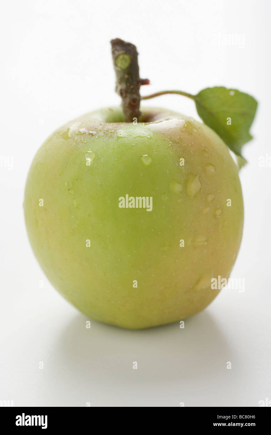 Green apple with stalk and leaf Stock Photo - Alamy
