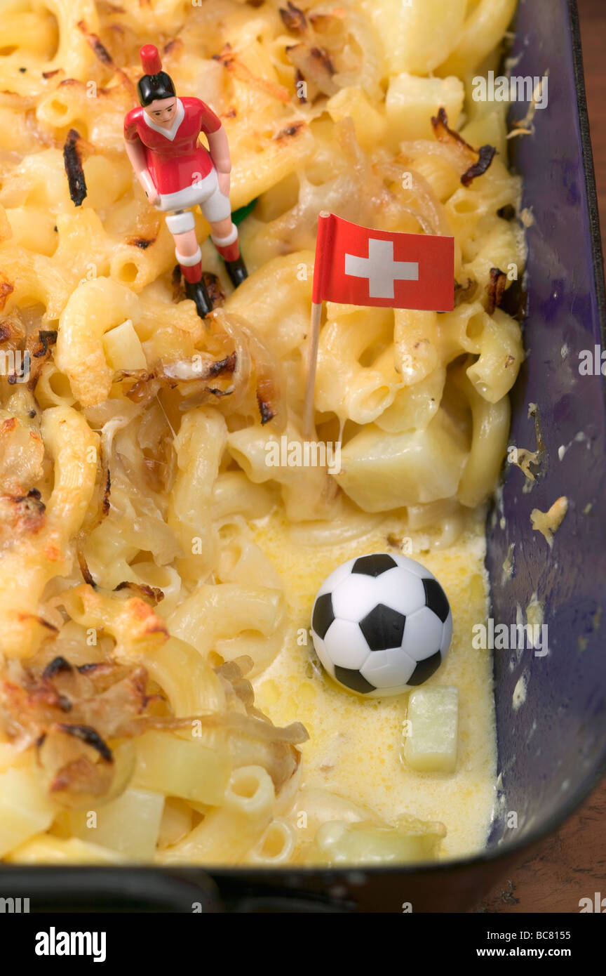 Cheese & onion pasta bake, football figure, football, flag (detail ...