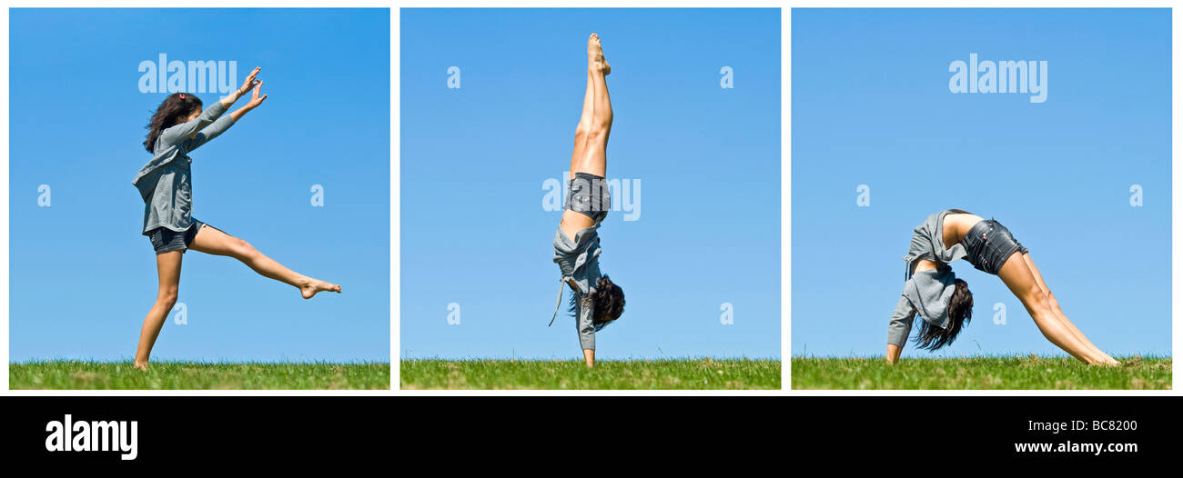 Horizontal sequential portrait of a young teenage girl doing a ...