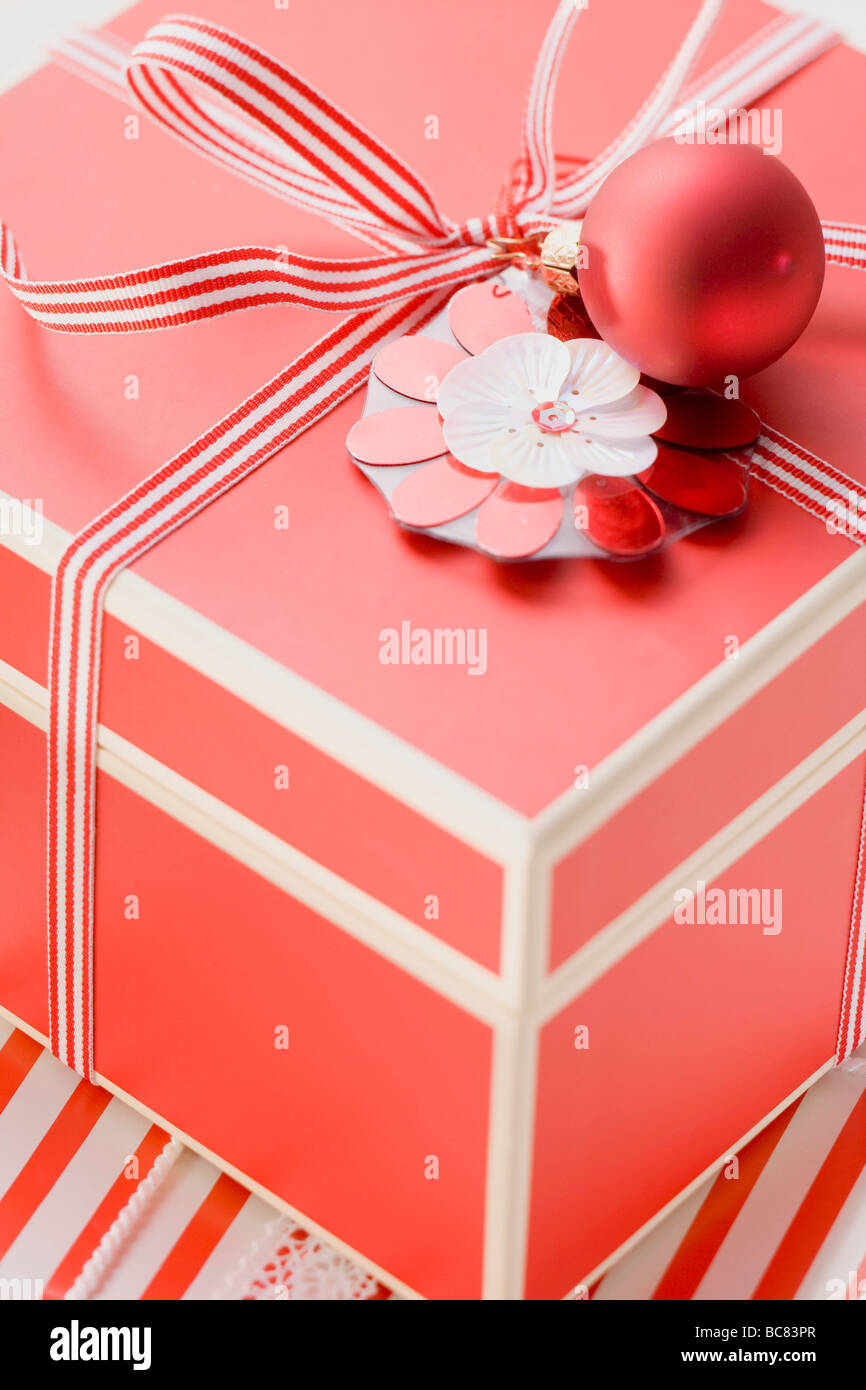 Red box with Christmas decorations Stock Photo - Alamy