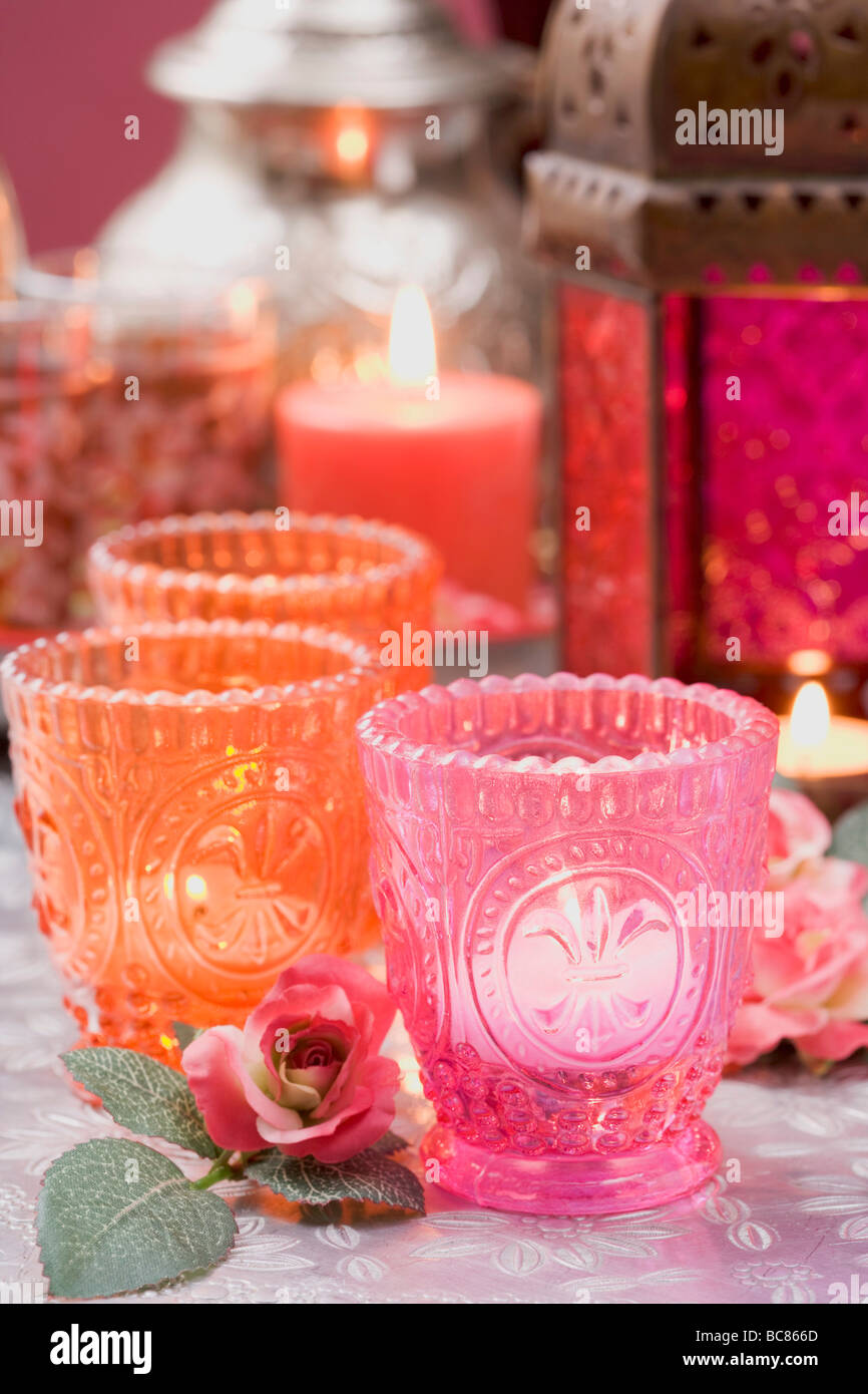 Middle Eastern decorations: windlights, roses, lantern, candles Stock ...