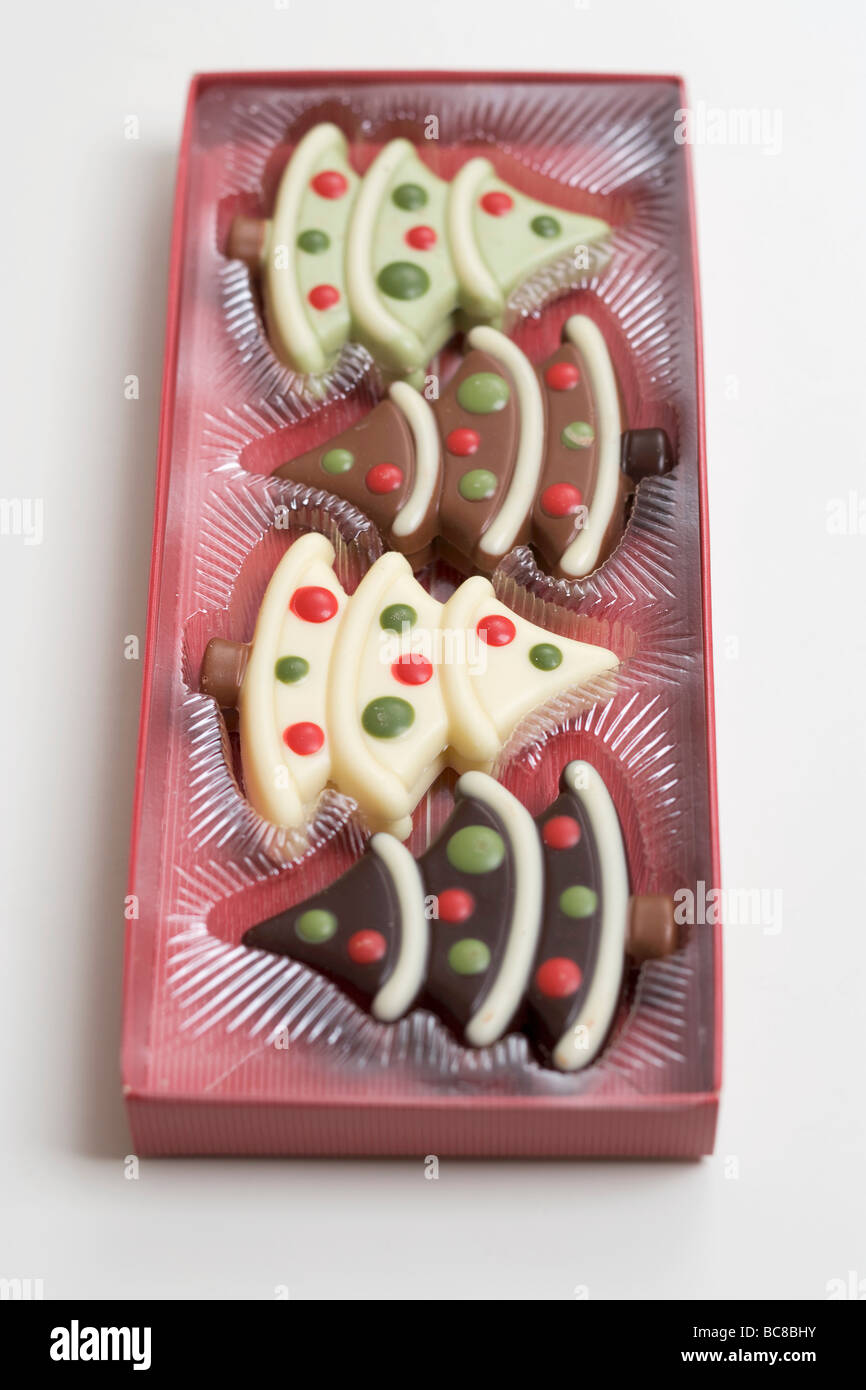 Chocolate Christmas trees in packaging Stock Photo - Alamy