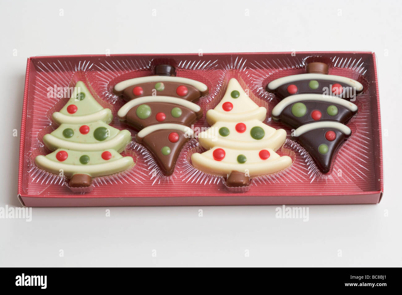 Chocolate Christmas trees in packaging Stock Photo - Alamy