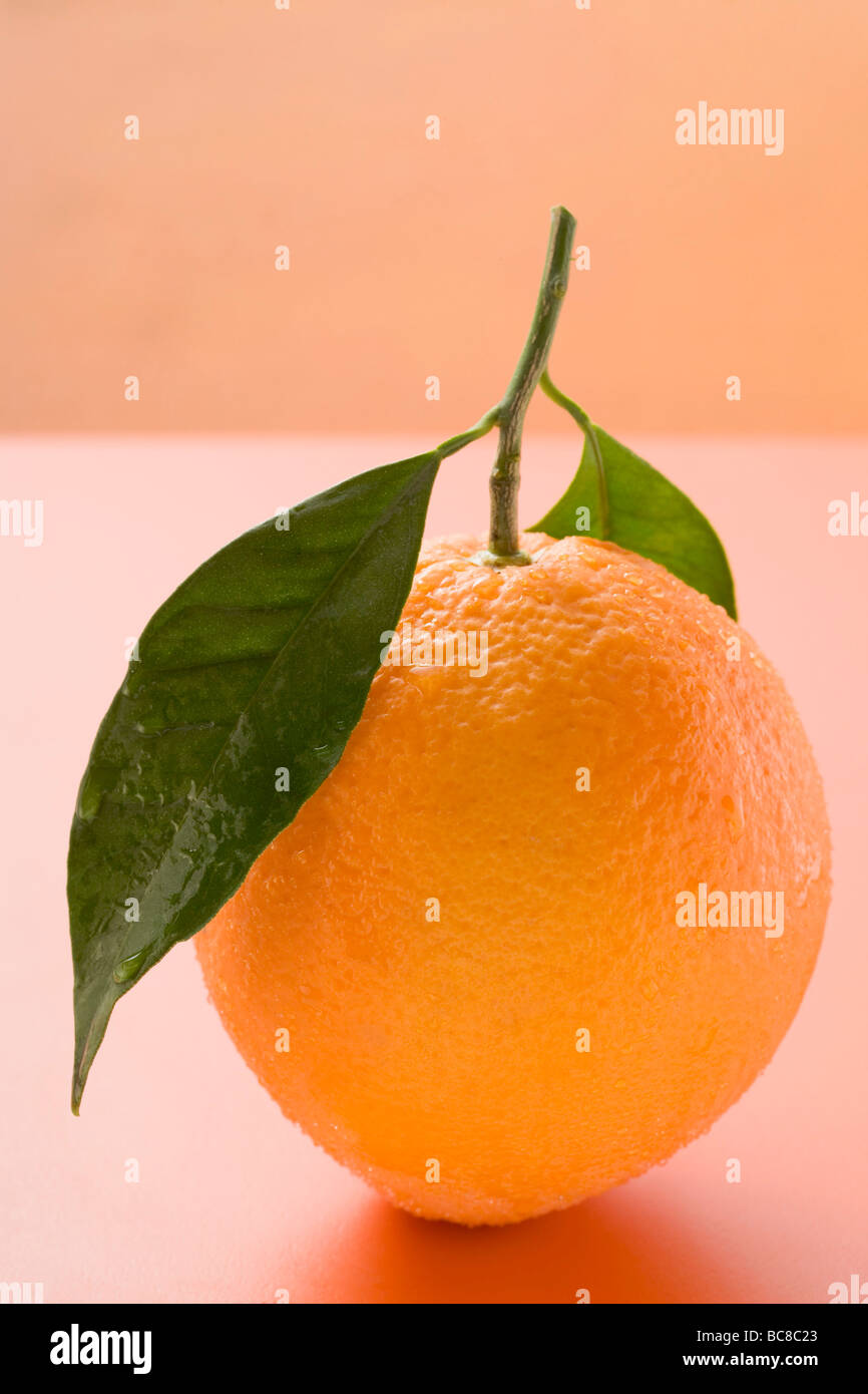 Orange with stalk and leaf Stock Photo - Alamy