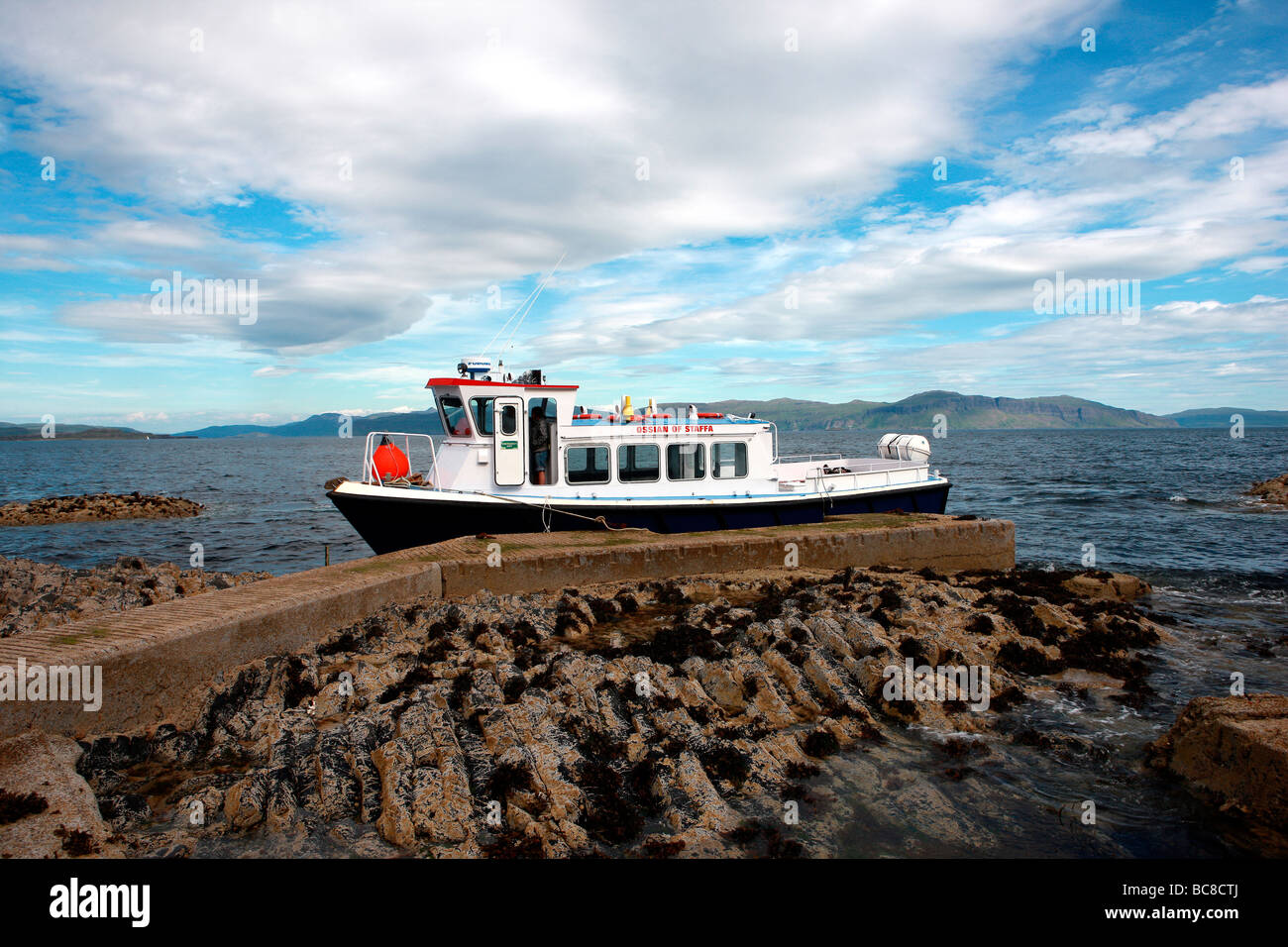 MV Ossian of Staffa at the jetty at Clamshell Cave on the isle of ...