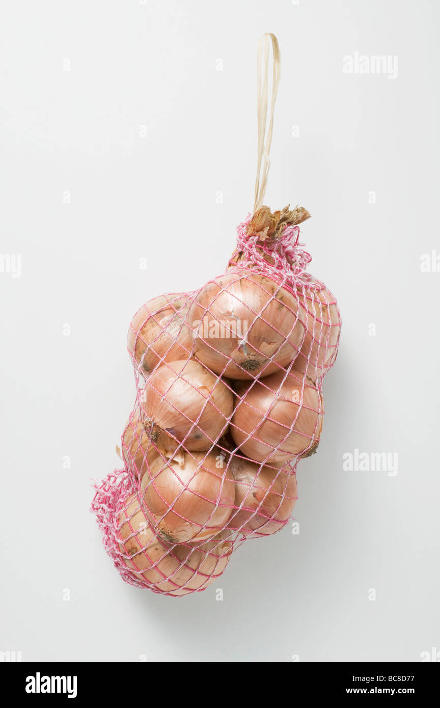 Brown onions in net Stock Photo - Alamy