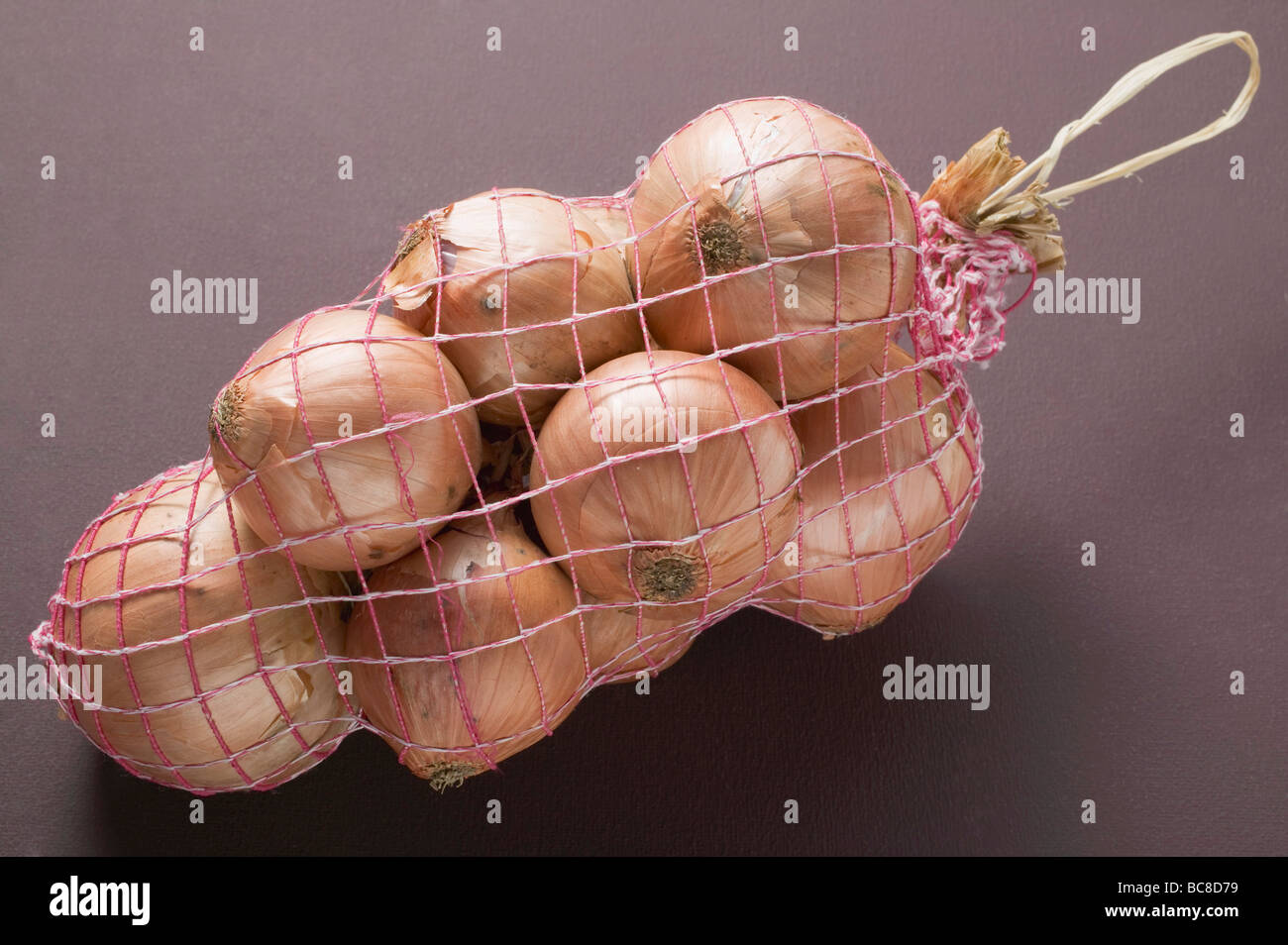 Brown onions in net Stock Photo - Alamy