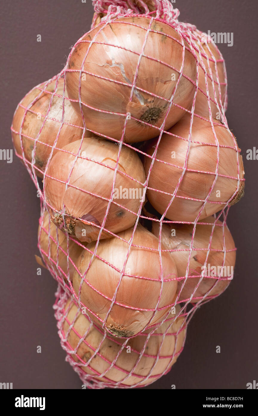 Brown onions in net (close-up Stock Photo - Alamy