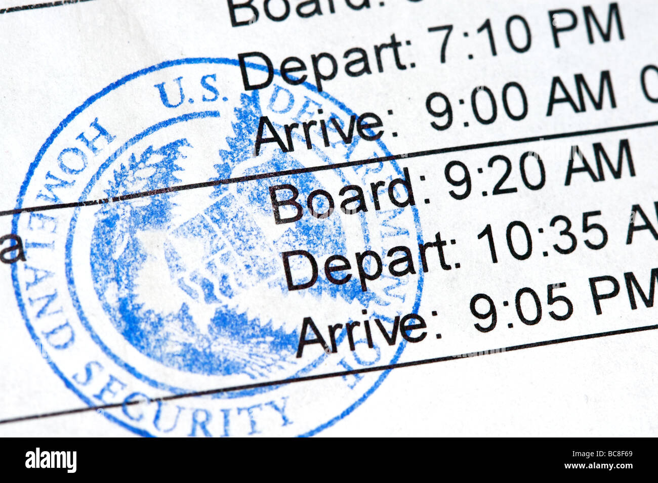 Boarding pass and airline ticket with Homeland Security approval stamp ...