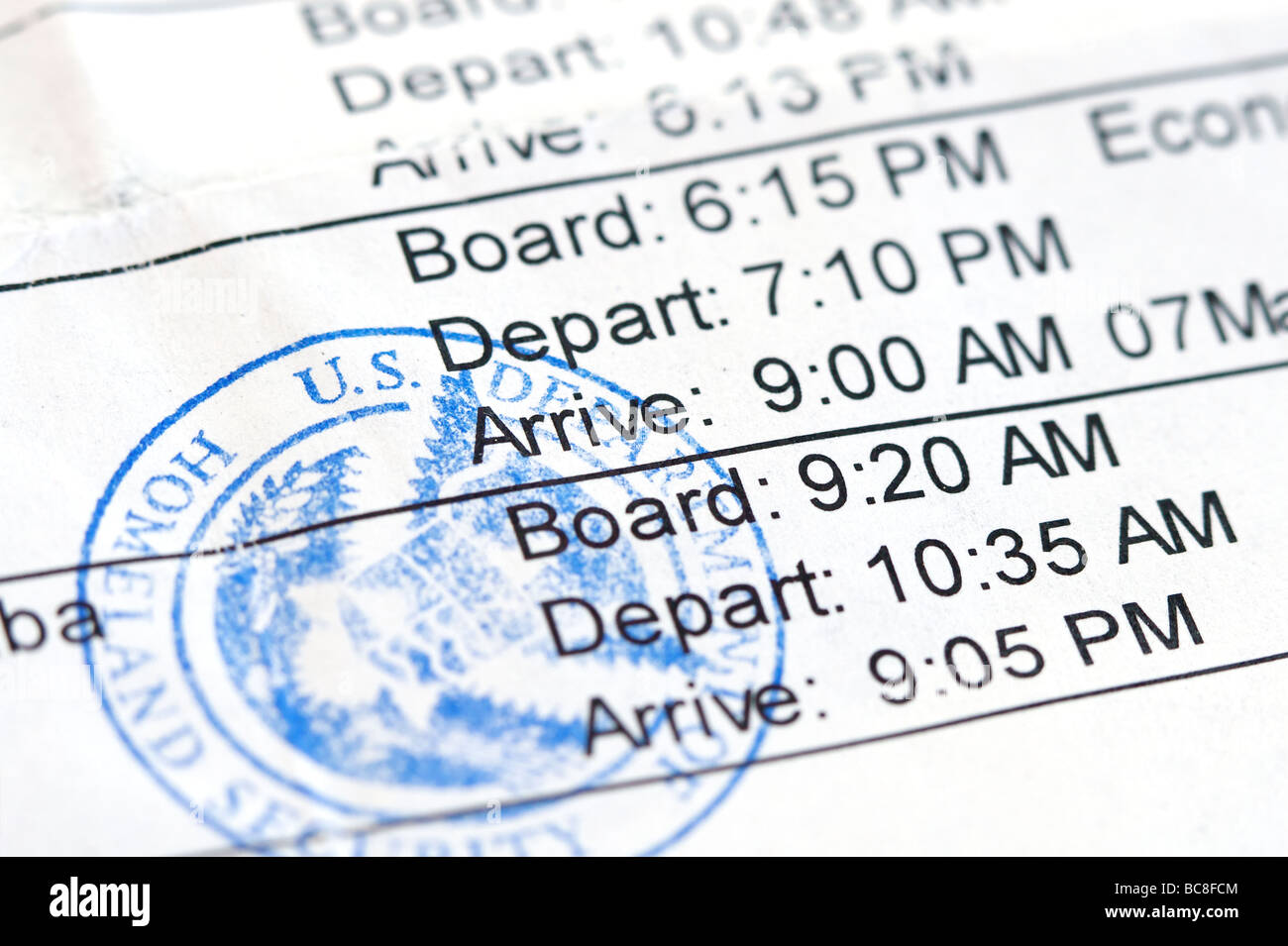 Boarding pass and airline ticket with Homeland Security approval stamp ...