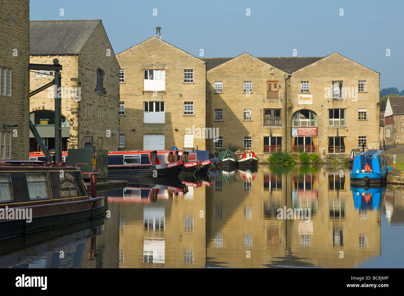Narrowboats on Rochdale Canal at Sowerby Bridge, Calderdale, West ...