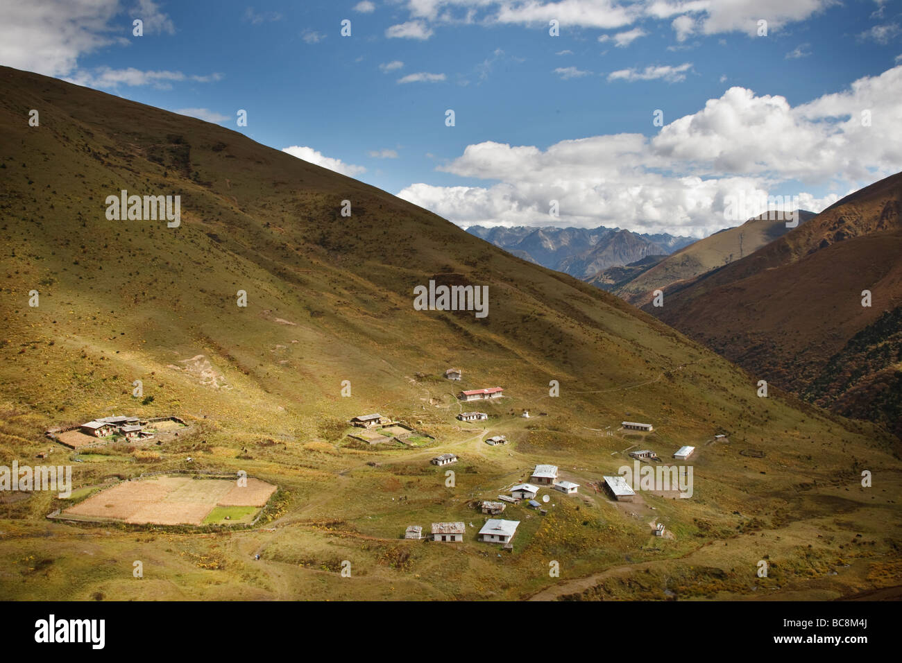 The small town of Lynchi in Bhutan consist of a school, post office ...