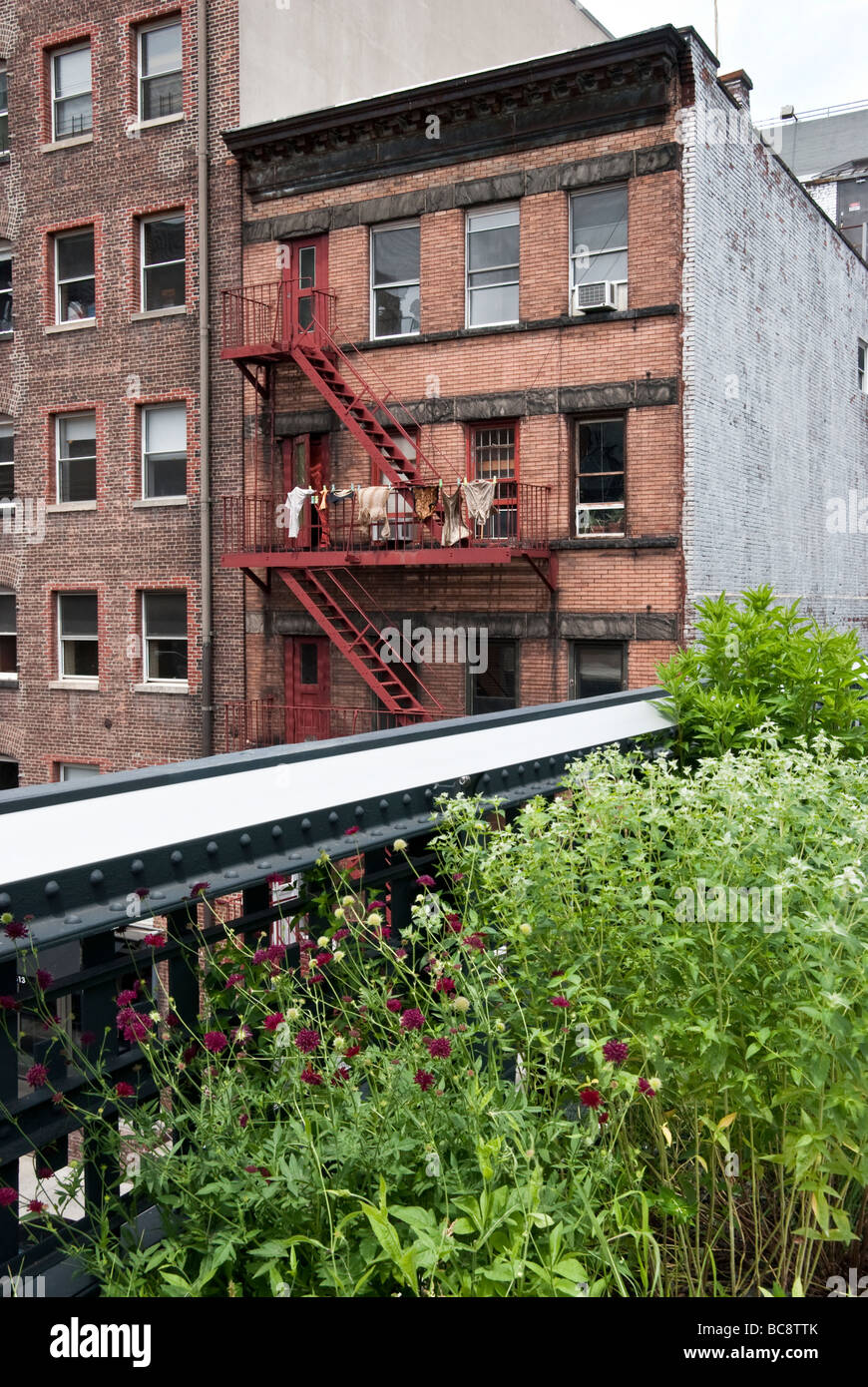 old-law brick tenement with laundry drying on the fire escape overlooks ...