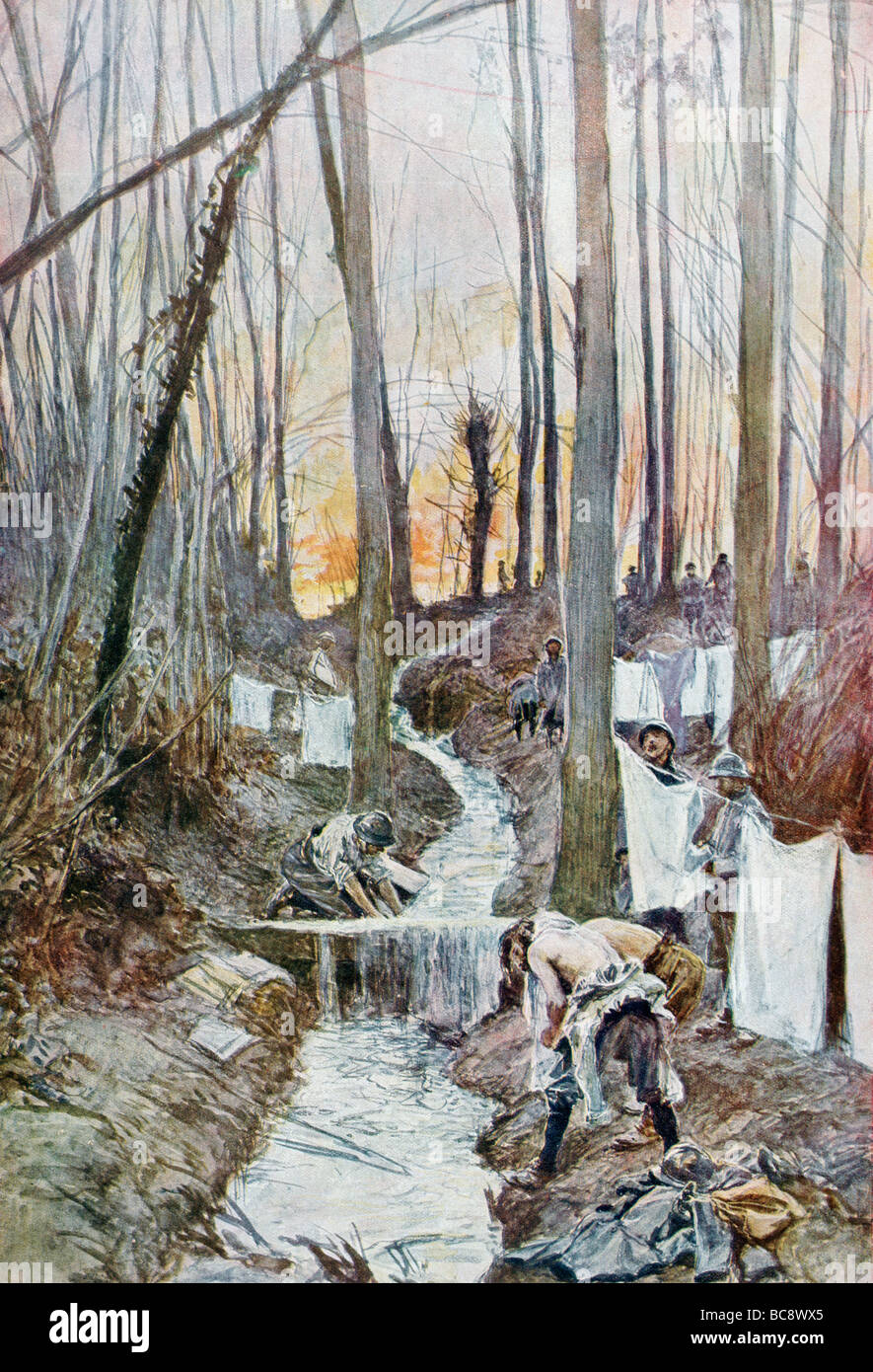 French soldiers wash themselves and do their laundry in a stream in the ...