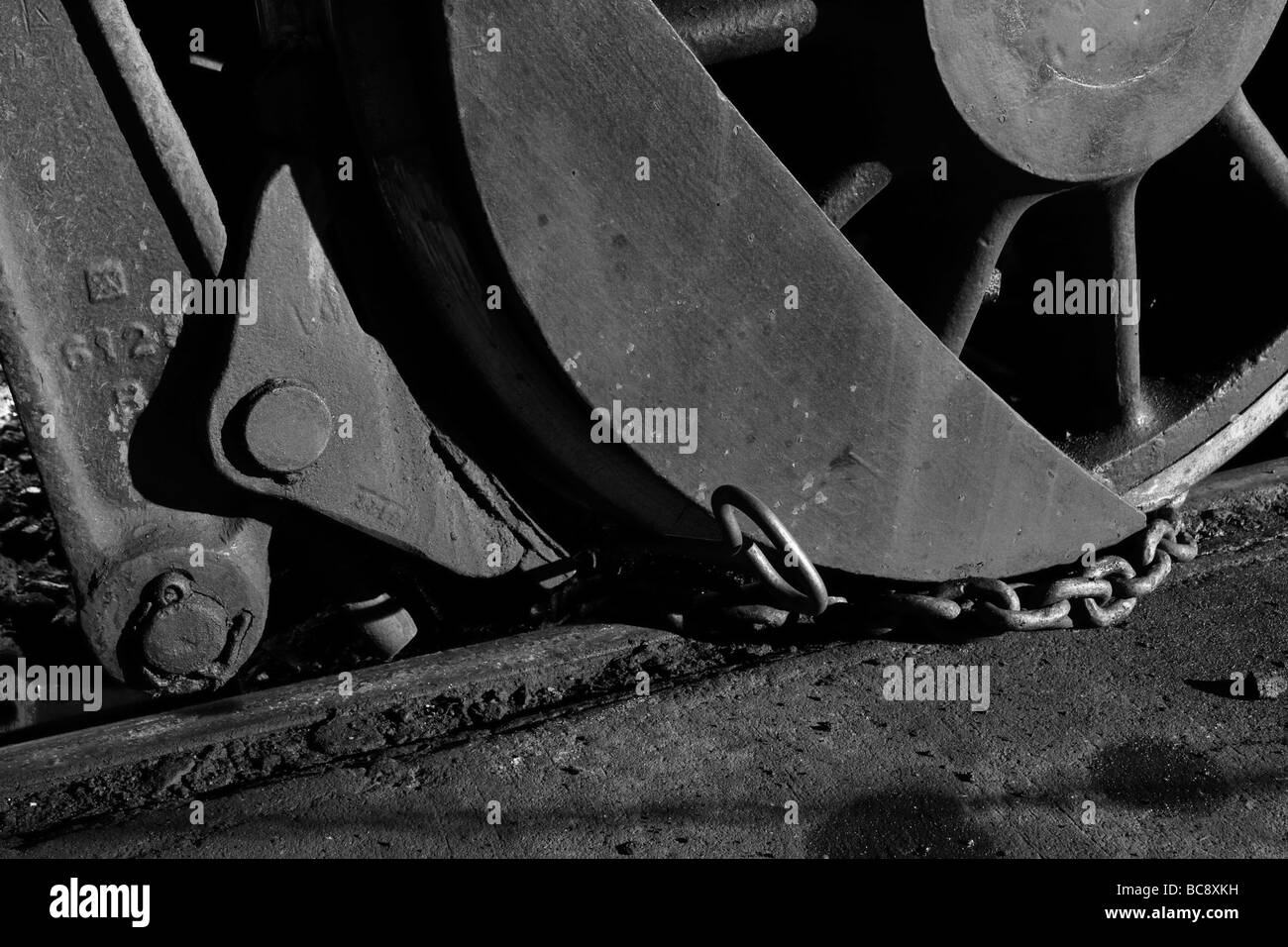 Detail view of a steam locomotive drive wheel and brake rigging Stock ...