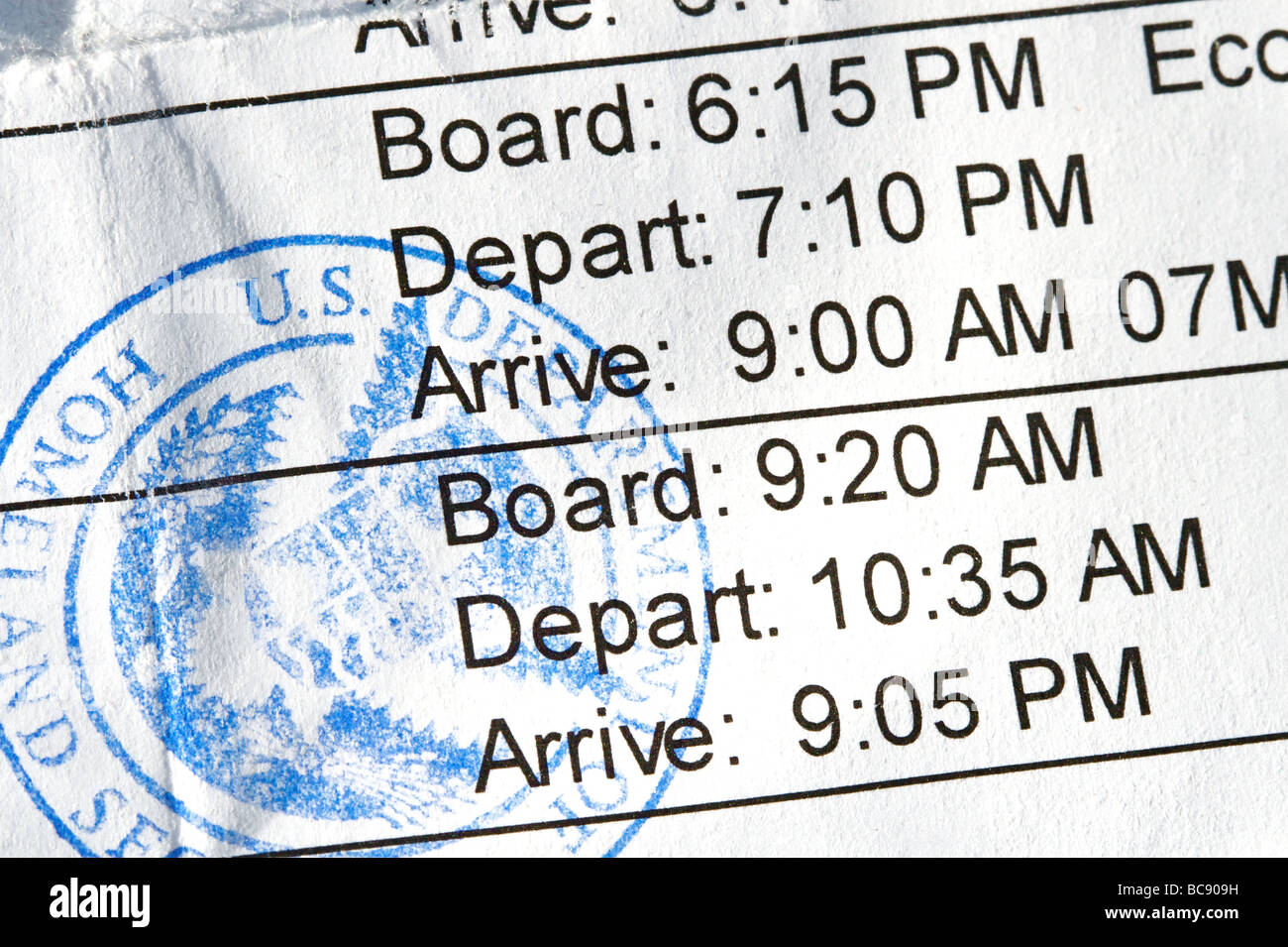 Boarding pass and airline ticket with Homeland Security approval stamp ...