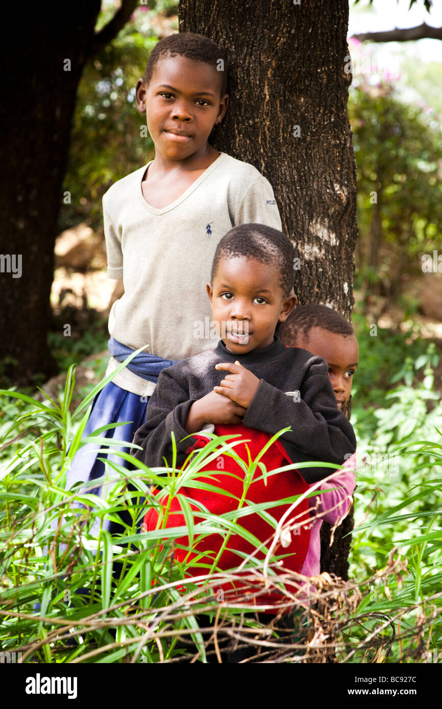 Portrait of three African children. Kikwe Village Arumeru District ...