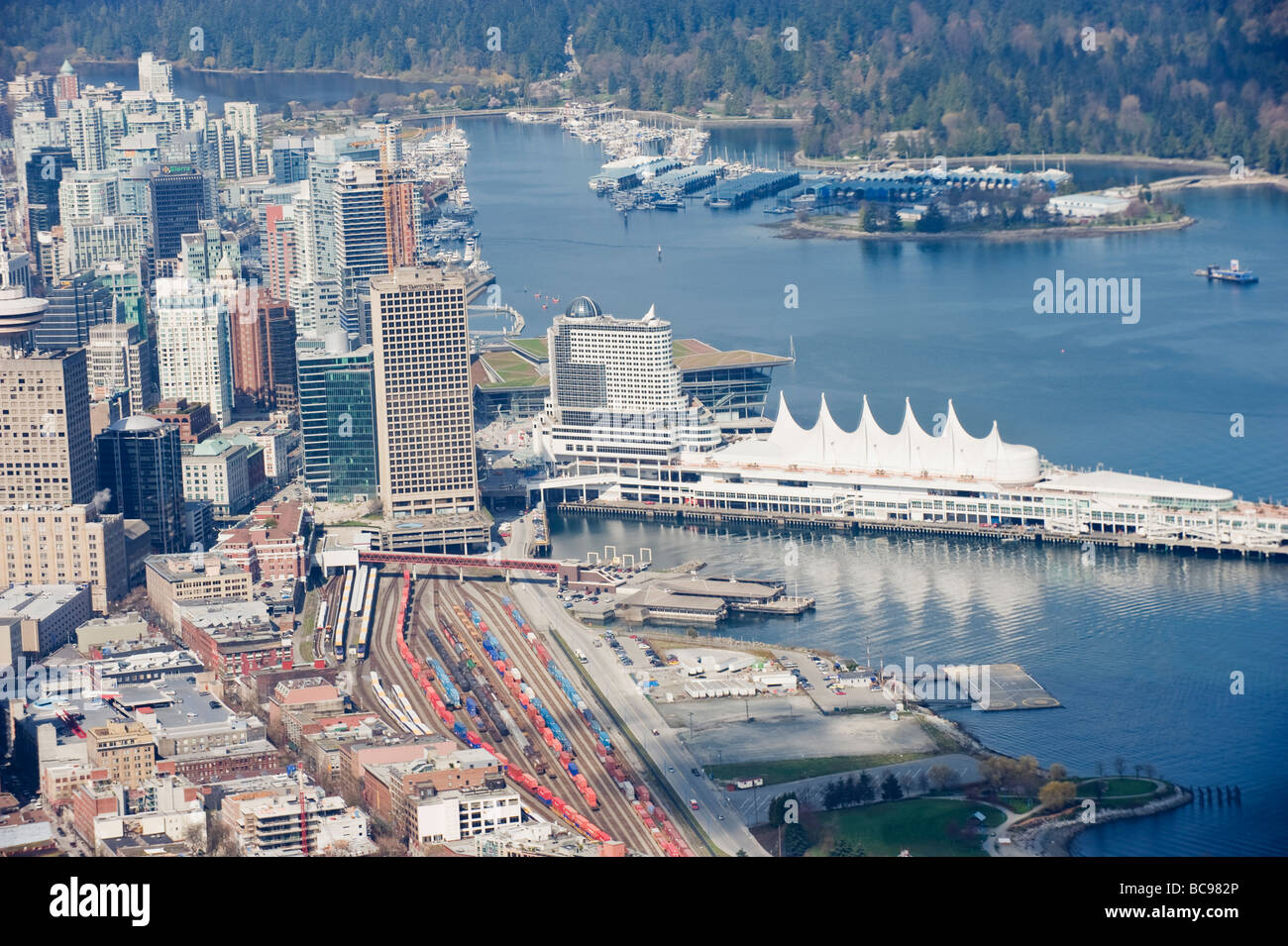 aerial view of Canada Place Exhibition and Convention Centre on Burrard ...