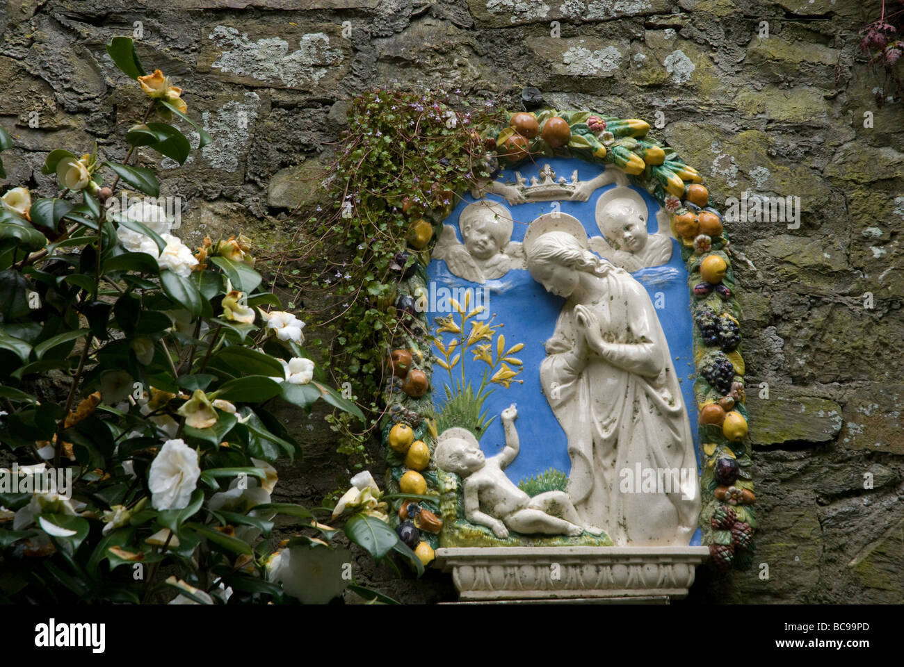 Religious plaque of the Virgin Mary and baby Jesus, Fowey Cornwall UK ...