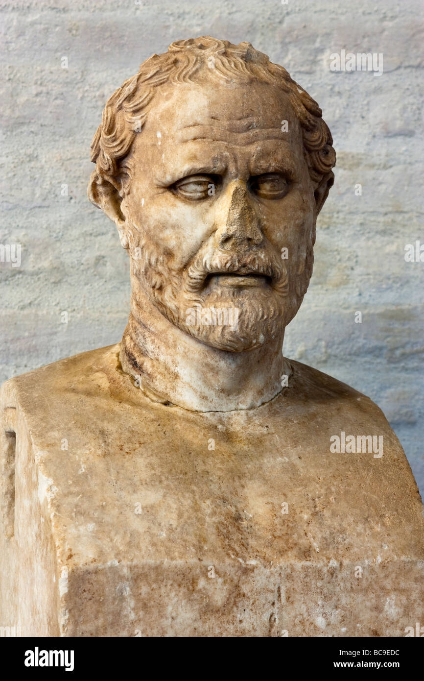 Detail of a marble portrait herm of the Athenian orator Demosthenes ...