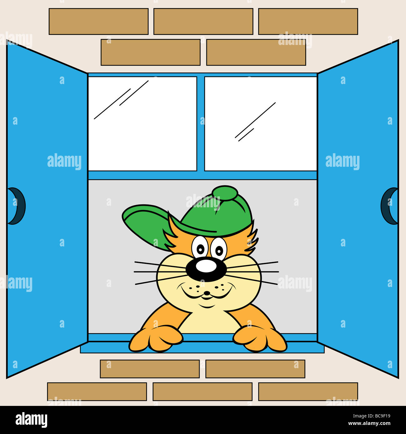 Cat cartoon character looking out the window wearing his green baseball ...
