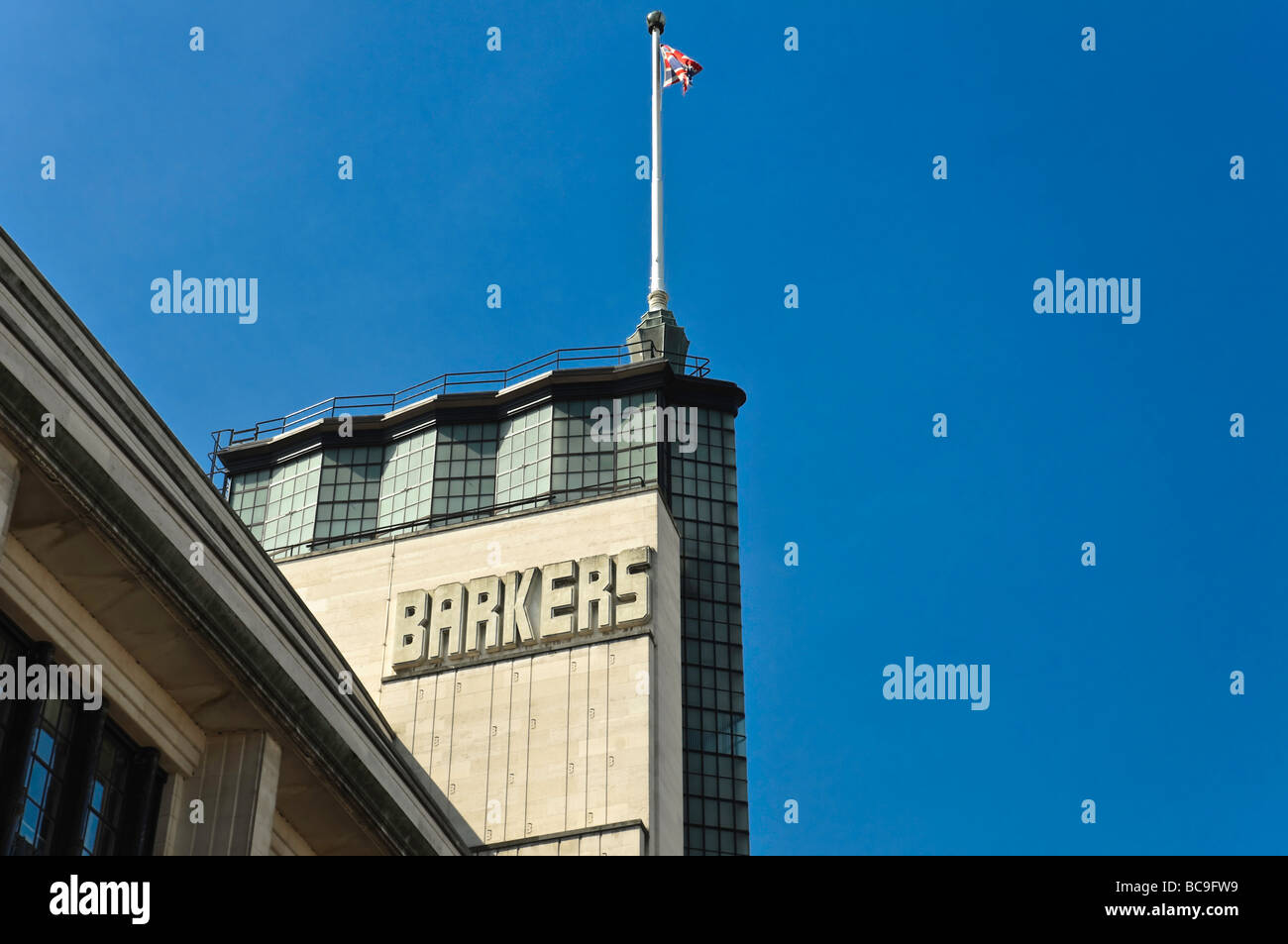 The Union Jack flies above the beautiful Art Deco building of Barkers ...