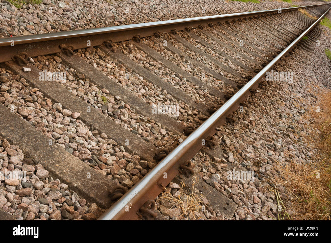 Two rusty rail tracks on gravel with some grass Stock Photo - Alamy