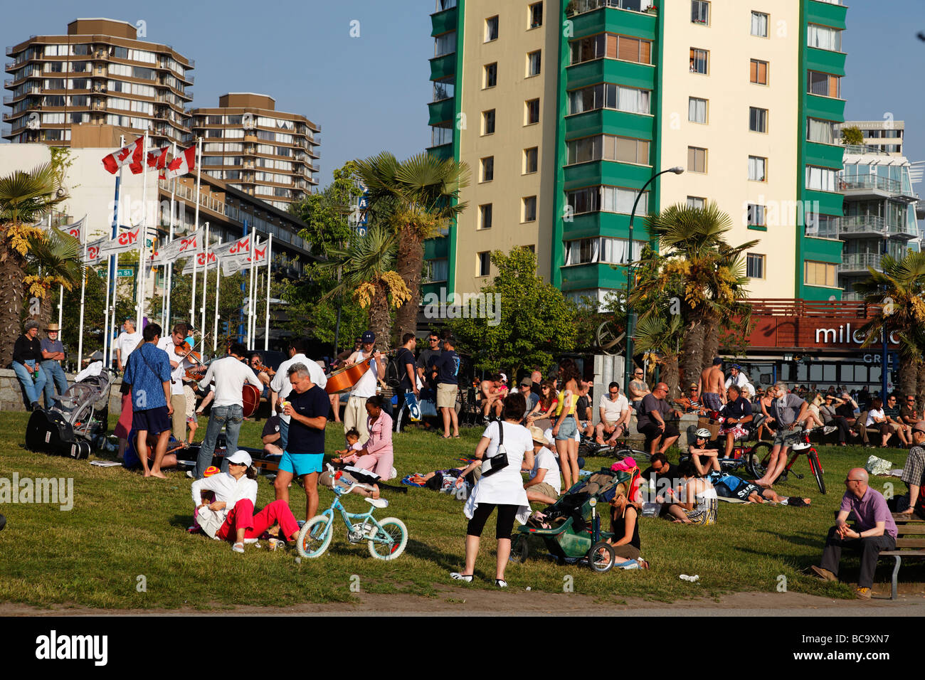 English bay Westend Promenade and Park crowded Vancouver City Canada ...
