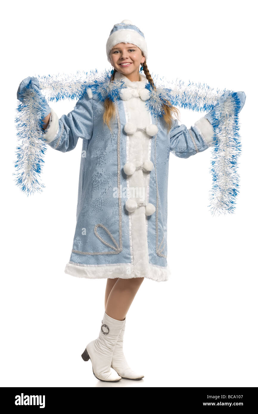 Smiling snow maiden with tinsel look in camera isolated on white Stock ...