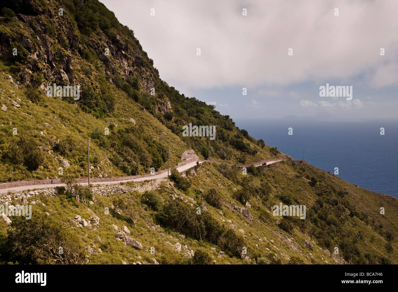Road cut into the mountain on the steep island of Saba in the Caribbean ...