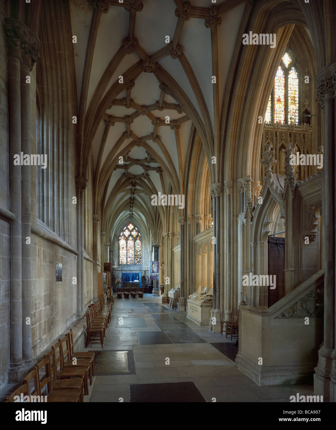 Wells Cathedral: north quire (choir) aisle looking east Stock Photo - Alamy