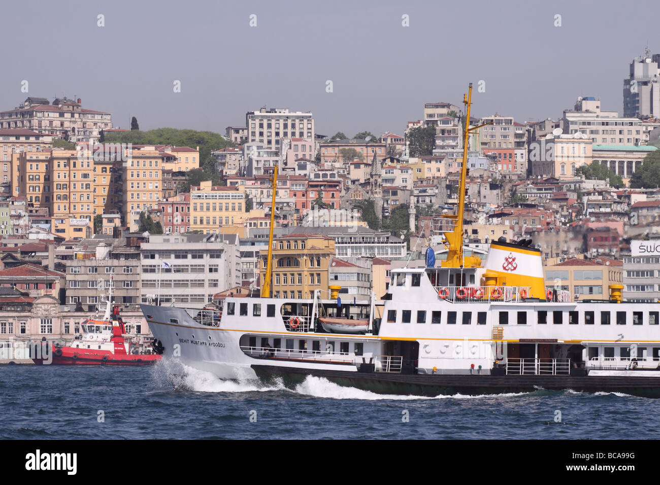 Istanbul Turkey passenger ferry boat sailing across the Bosphorus with ...