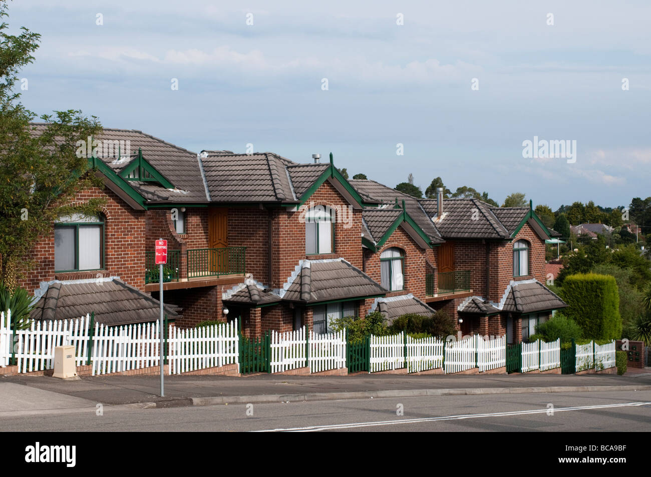 Uniform houses on Katoomba High Street Blue Mountains NSW Australia ...