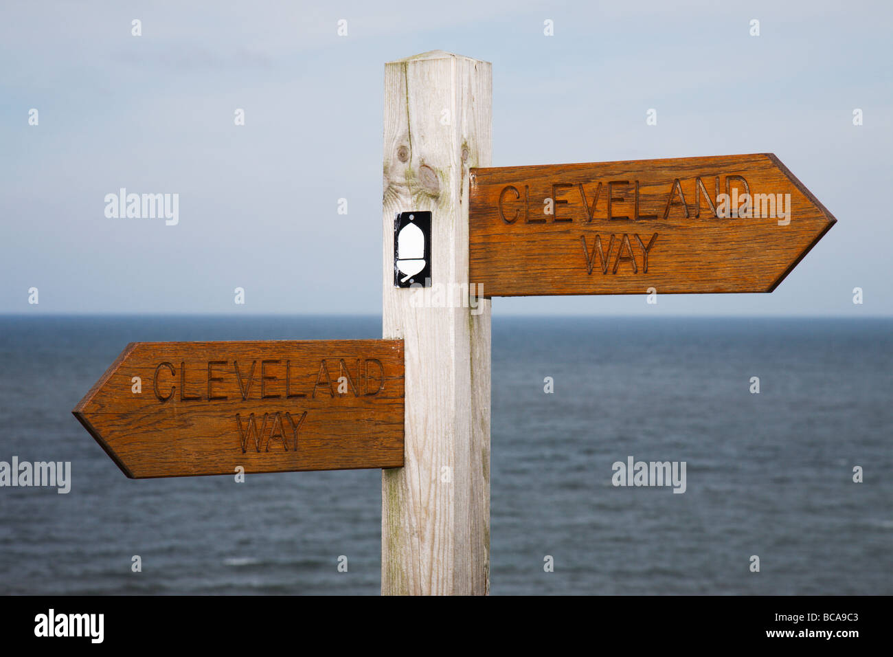 A "Cleveland Way" signpost, "Robin Hoods Bay", Yorkshire, England, UK ...
