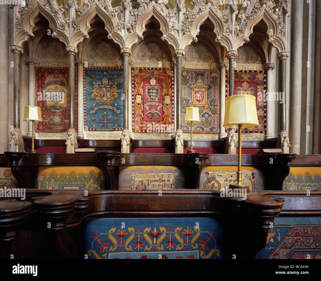 Wells Cathedral quire (choir) stalls with seat backs embroidered ...