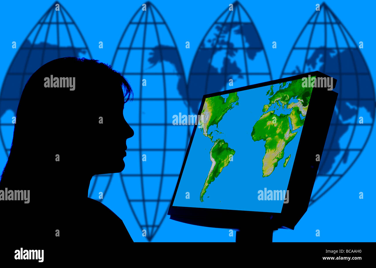woman weather student studying world map on computer monitor Stock ...