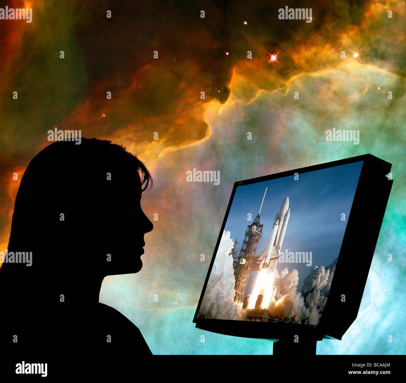 woman space engineer studying launch of NASA shuttle galaxy background ...