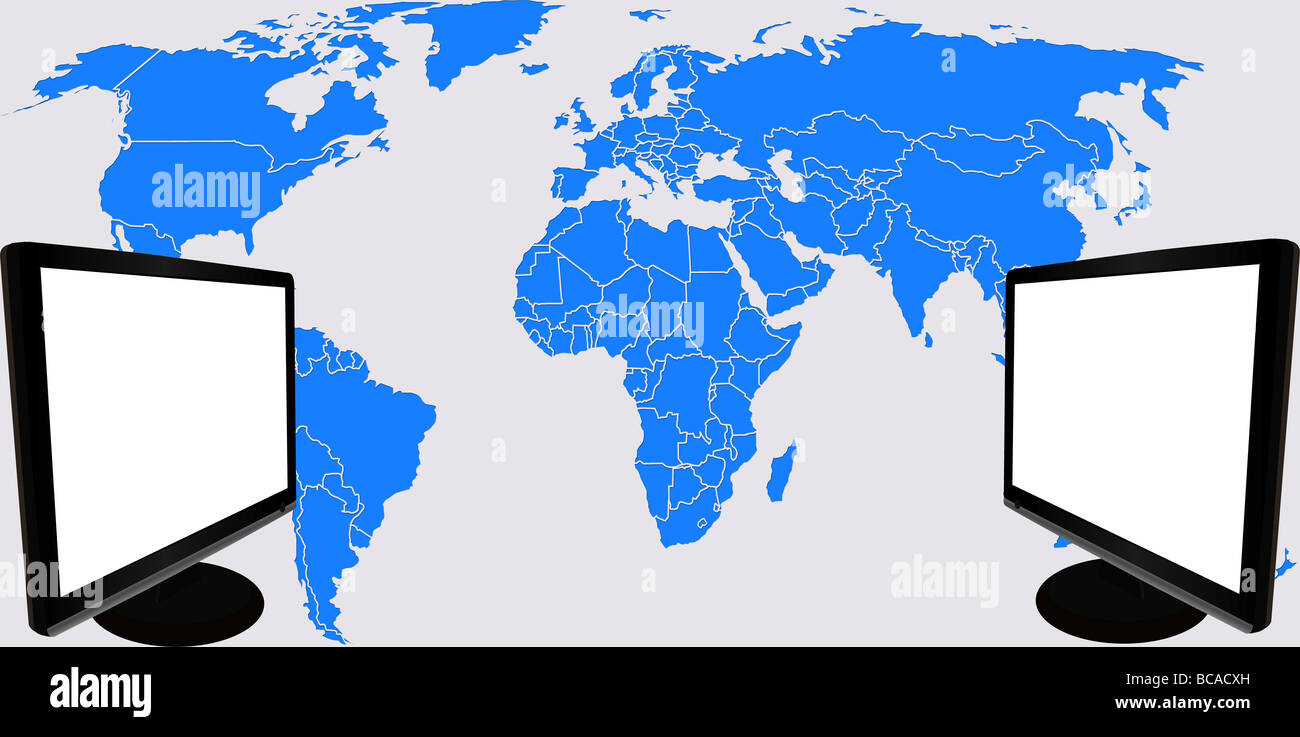 Two lcd monitors on global map background Stock Photo - Alamy