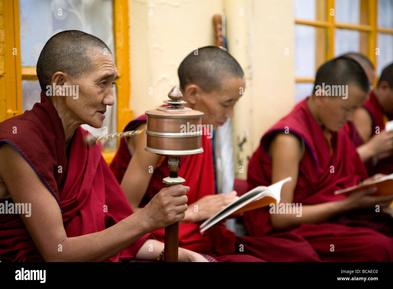 Buddhist monks praying. Kalachakra temple. McLeod Ganj. Dharamsala ...