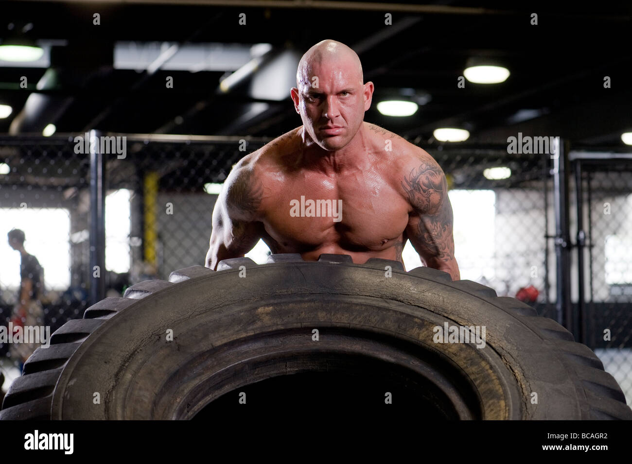 An ultimate fighter trains by tire lifting Stock Photo - Alamy