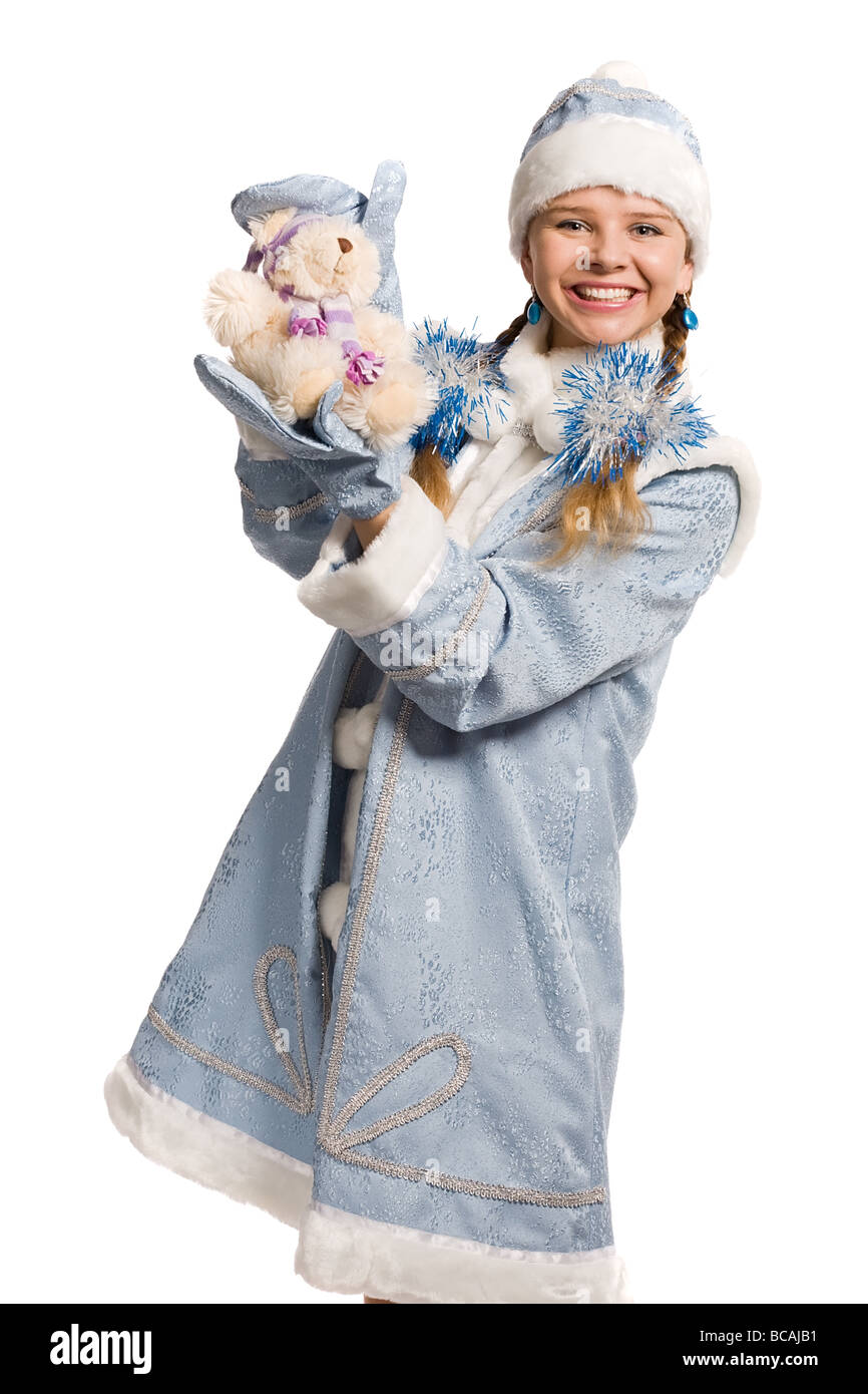 Smiling snow maiden with bear toy isolated on white Stock Photo - Alamy