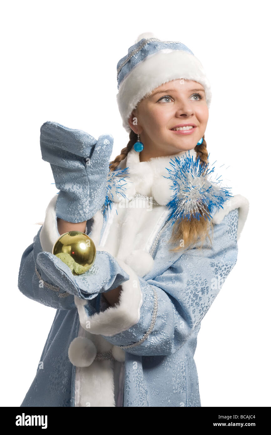 Snow maiden with christmas tree decorated looks upward isolated on ...