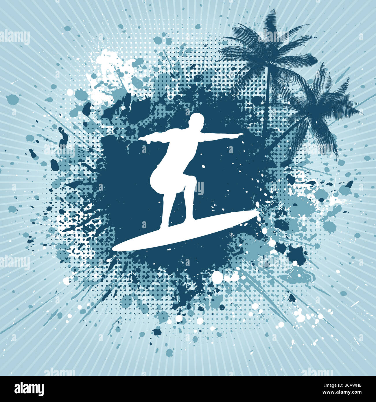 Silhouette of a surfer and palm trees on grunge background Stock Photo ...