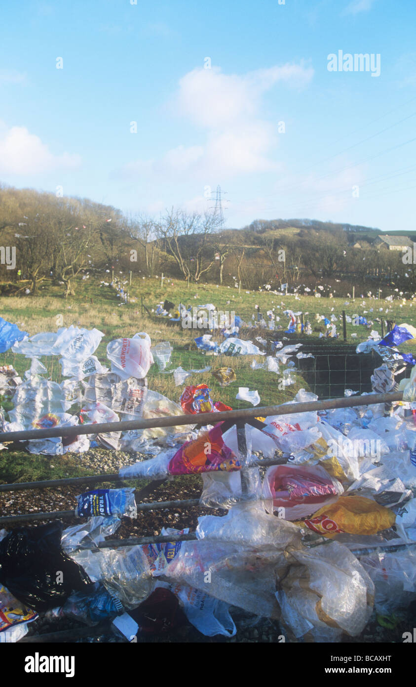 Plastic bags and packaging blown from a landfill site in Barrow in ...